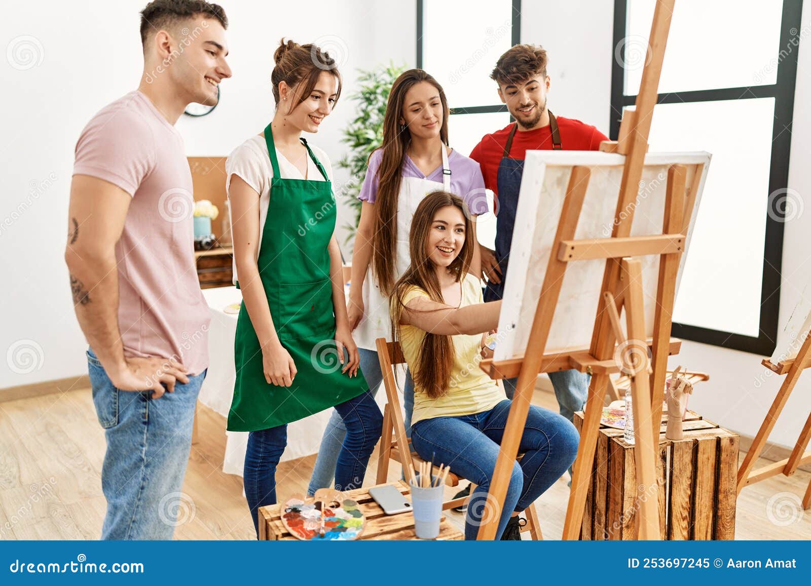 Group of People Smiling Happy and Looking Draw of Partner at Art Studio ...