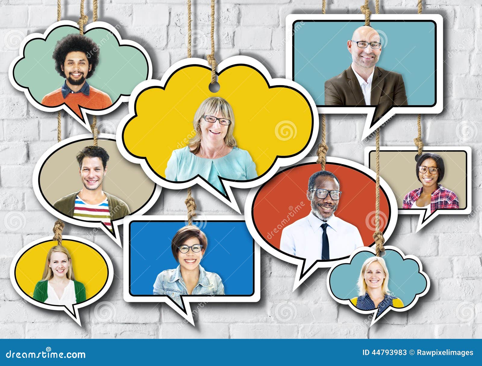 Group of People Smiling in Speech Bubble on Bricks Wall Stock Image ...