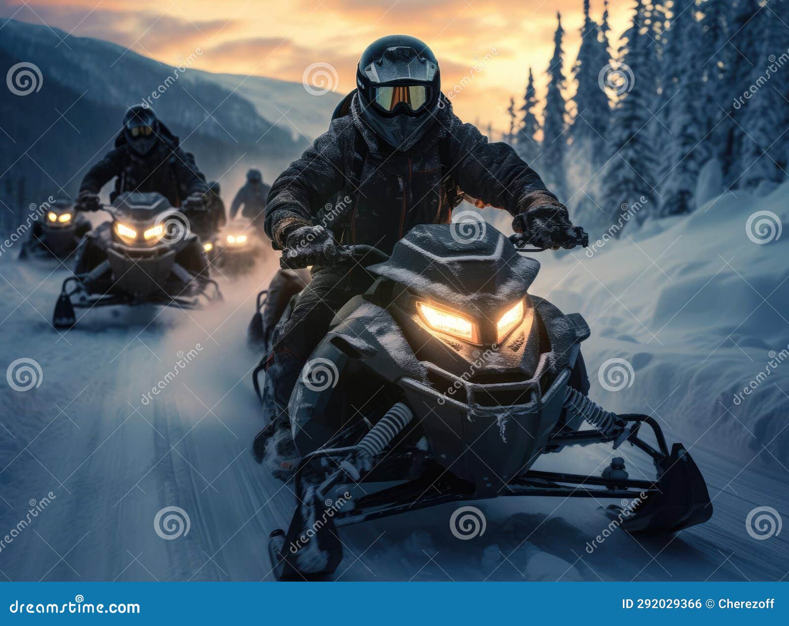 A Group of People on Snowmobiles Stock Illustration - Illustration of ...