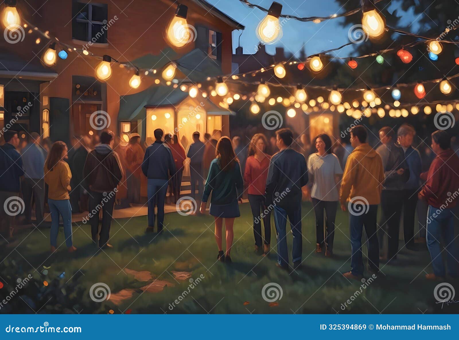 Group of People Socializing at a Backyard Party in the Evening, with ...