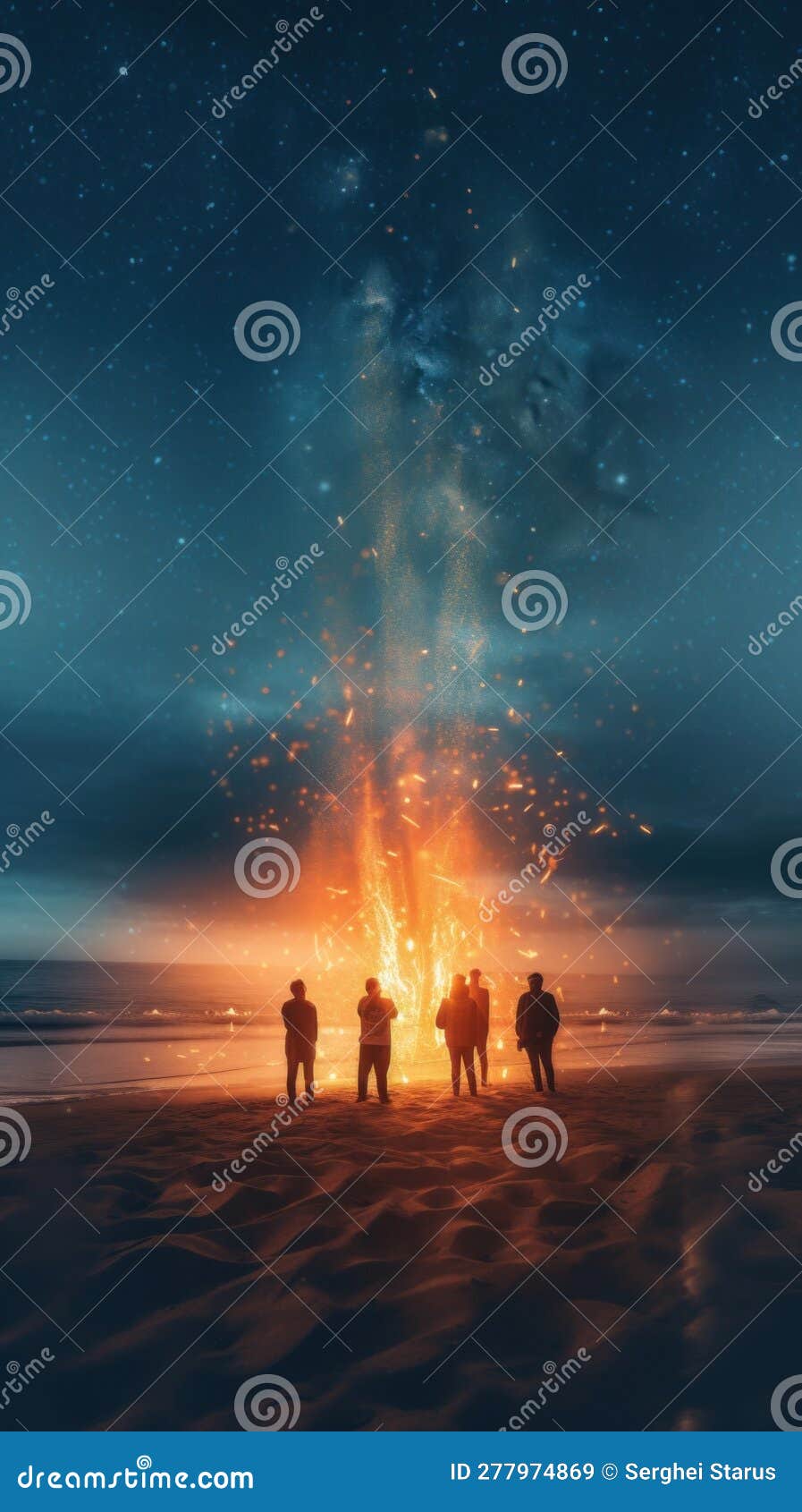 A Group of People Standing Around a Bonfire on a Beach. Generative AI ...