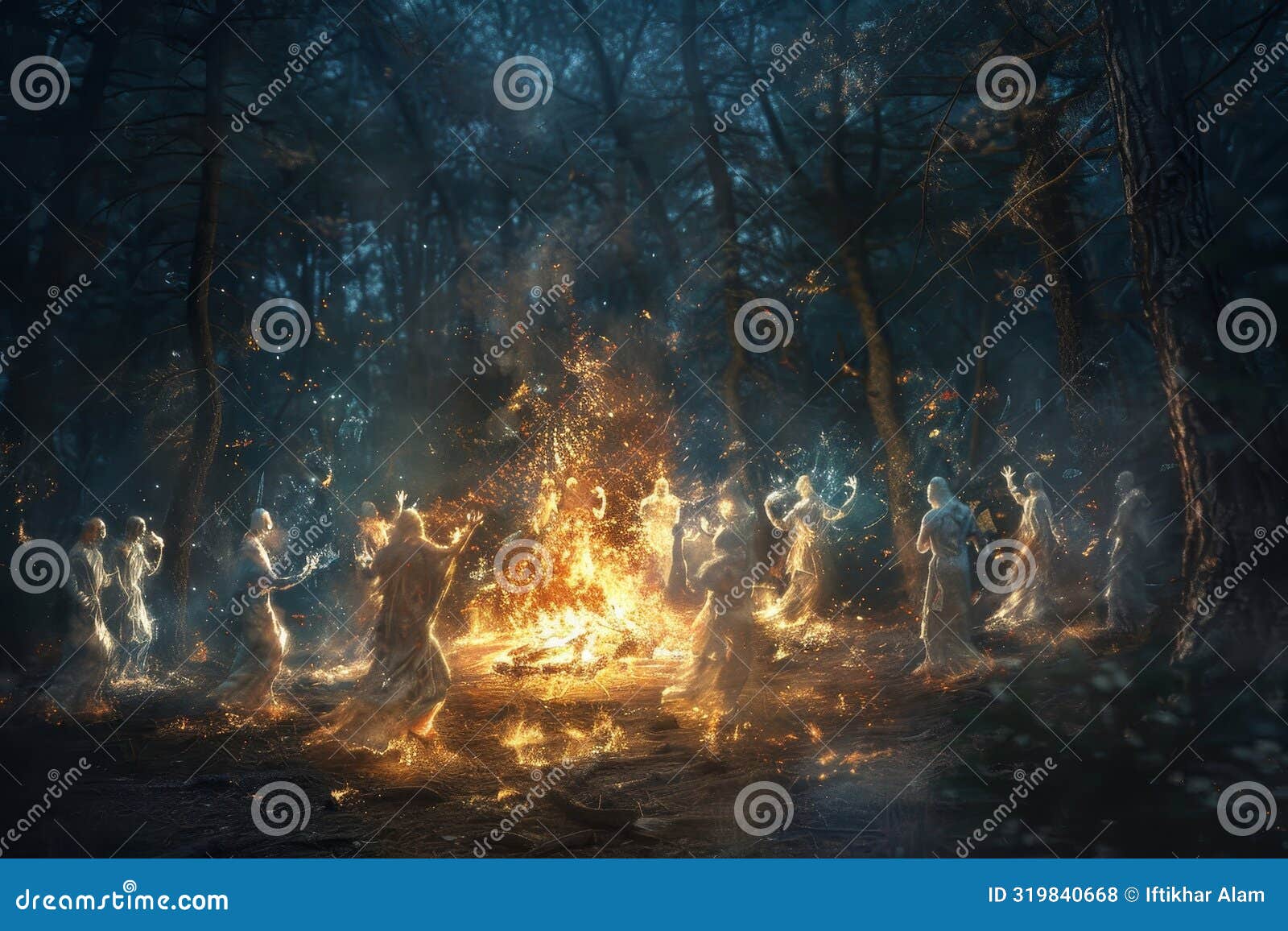 A Group of People Standing Around a Fire in the Woods, with Ghostly ...