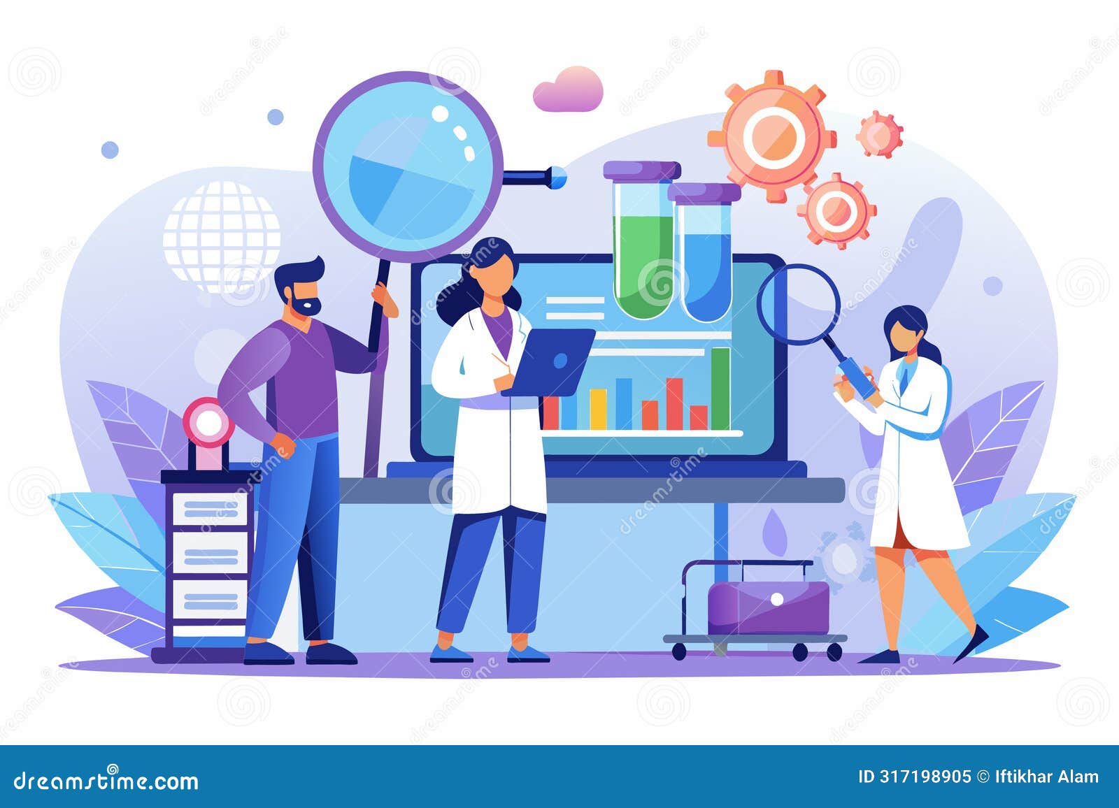 Group of People Standing Around, Observing Scientists Analyzing Data in ...