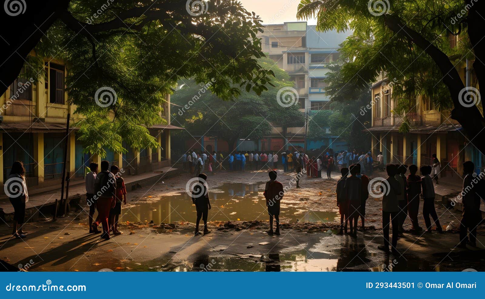 A Group of People Standing Around a Puddle of Water.Window View from ...