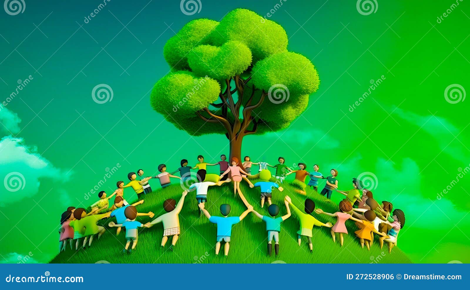 Group of People Standing Around Tree on Top of Hill. Generative AI ...