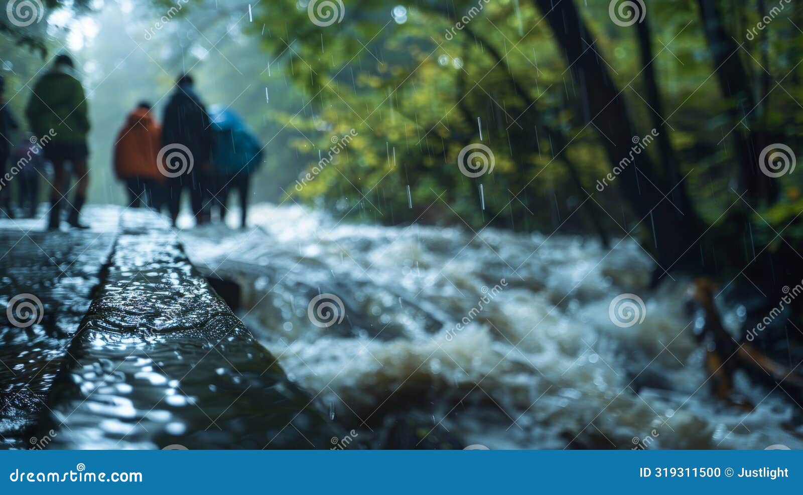 A Group of People Standing on a Bridge Watching the Raging Waters of a ...