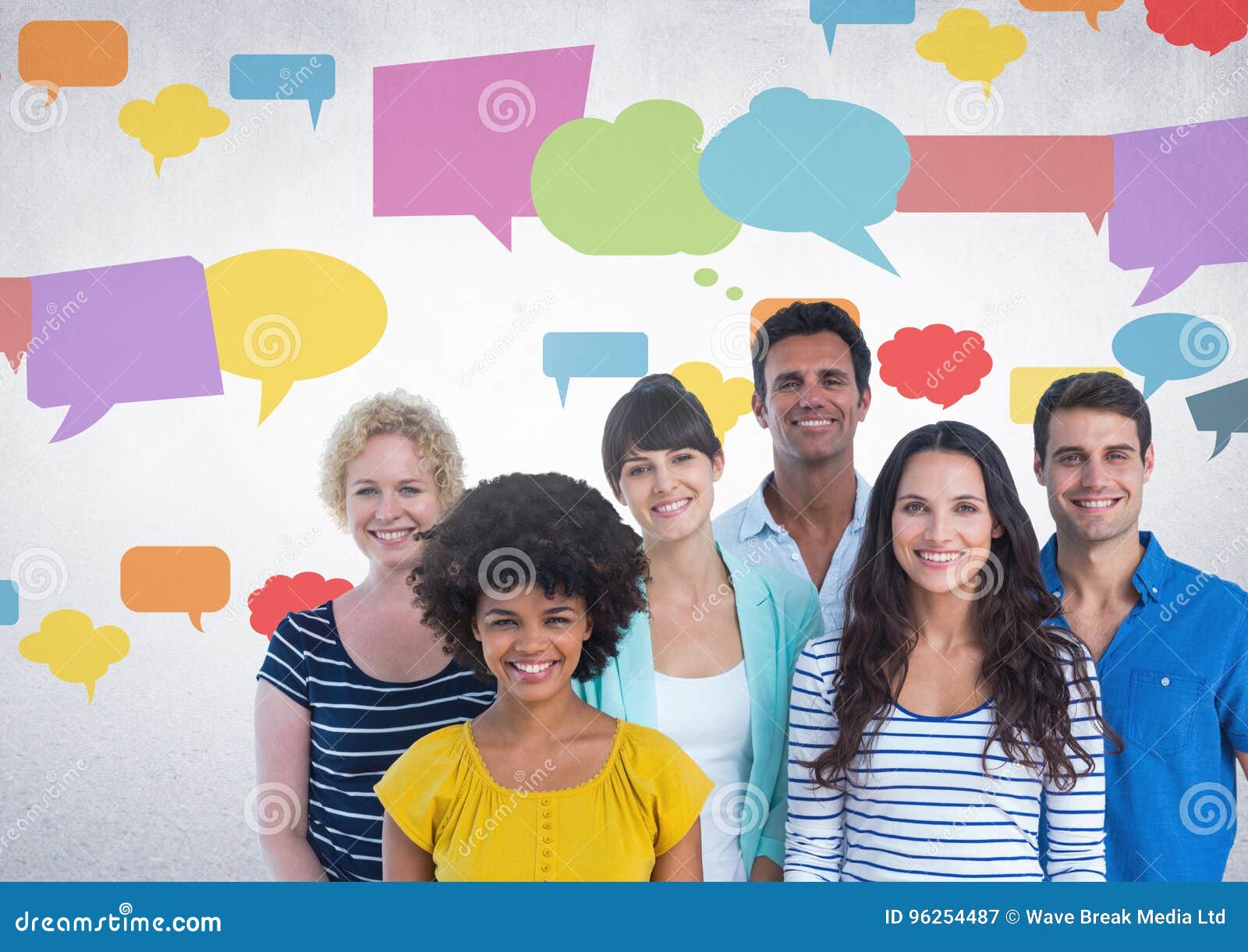 Group of People Standing in Front of Colorful Chat Bubbles Stock Image ...