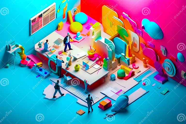 Group of People Standing in Front of Computer Screen with Colorful ...
