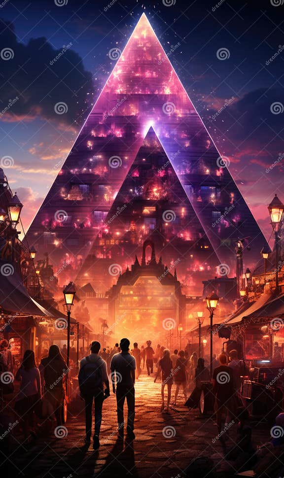 A Group of People Standing in Front of a Pyramid. Digital Image. Stock ...