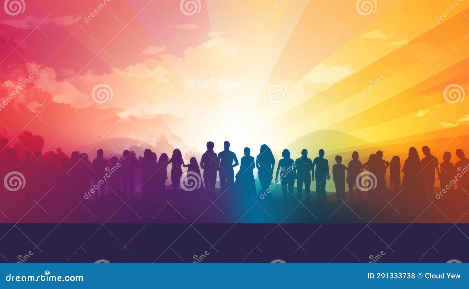 Group of People Standing in Front of a Rainbow Colored Sky Stock ...