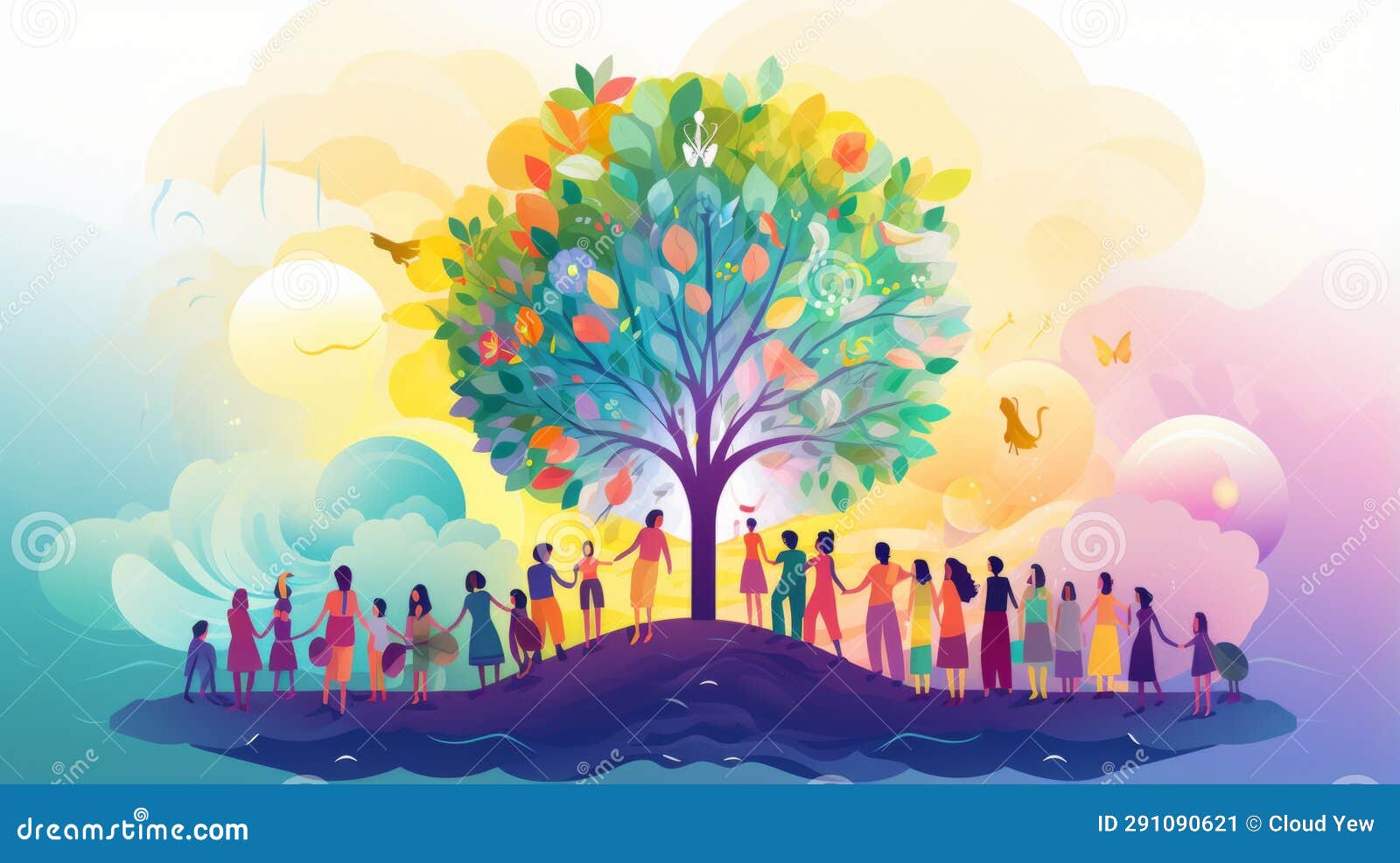 Group of People Standing in Front of a Tree Stock Illustration ...