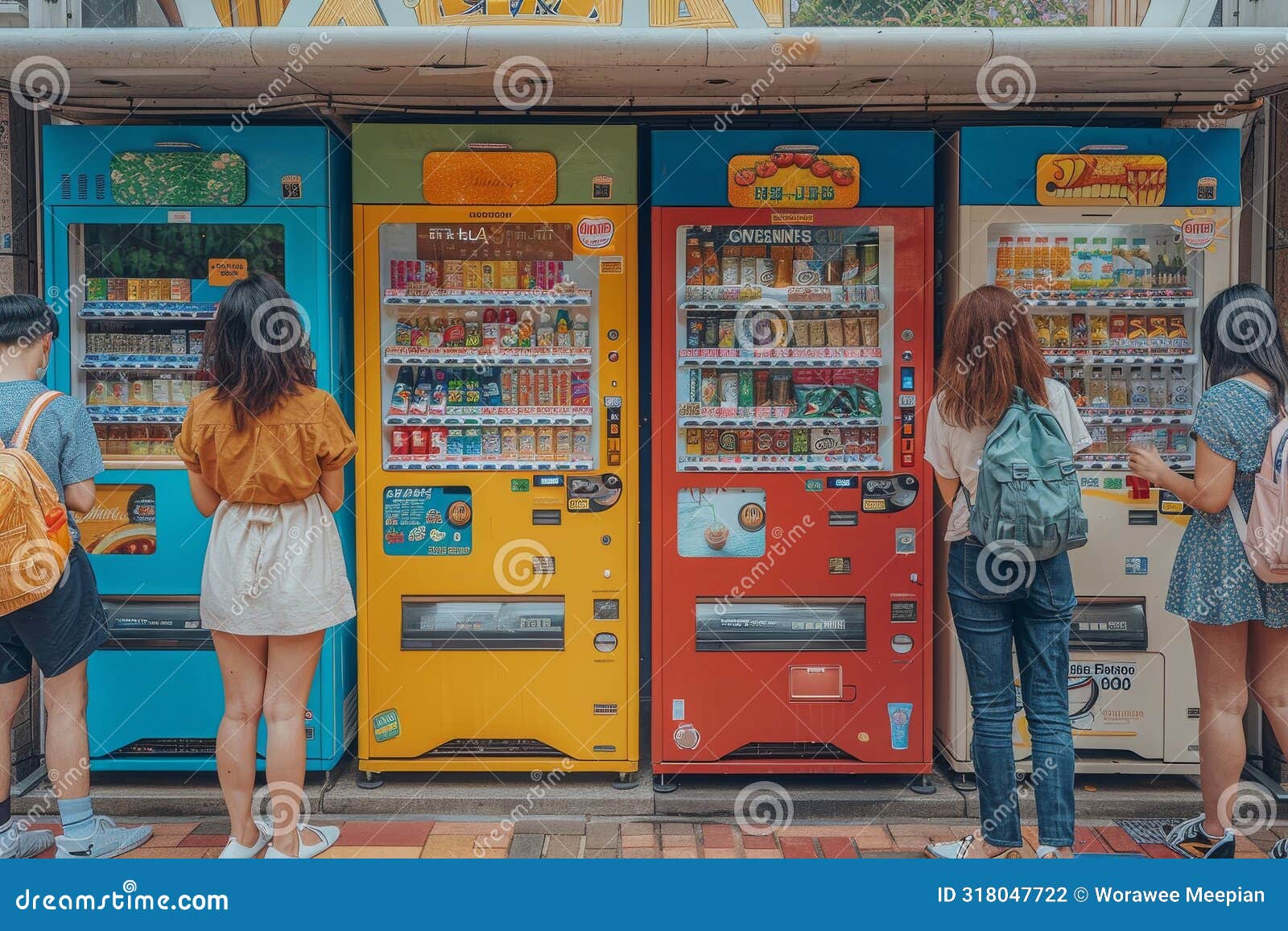 A Group of People Standing in Front of Vending Machines Stock Photo ...