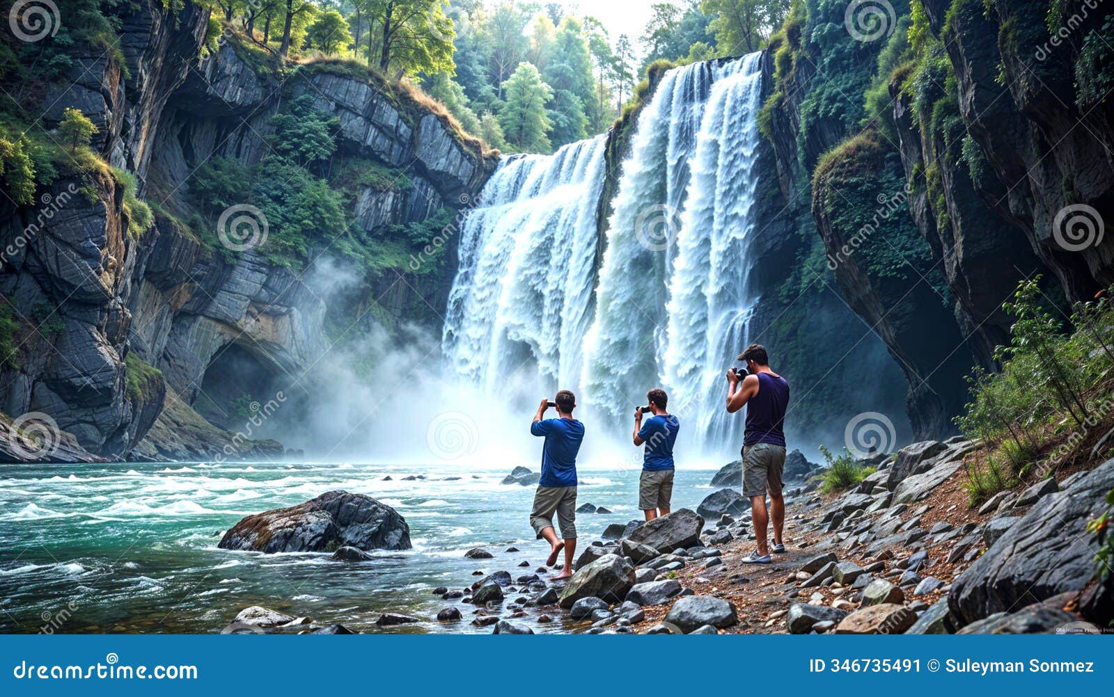 A Group of People Standing in Front of a Waterfall Stock Illustration ...
