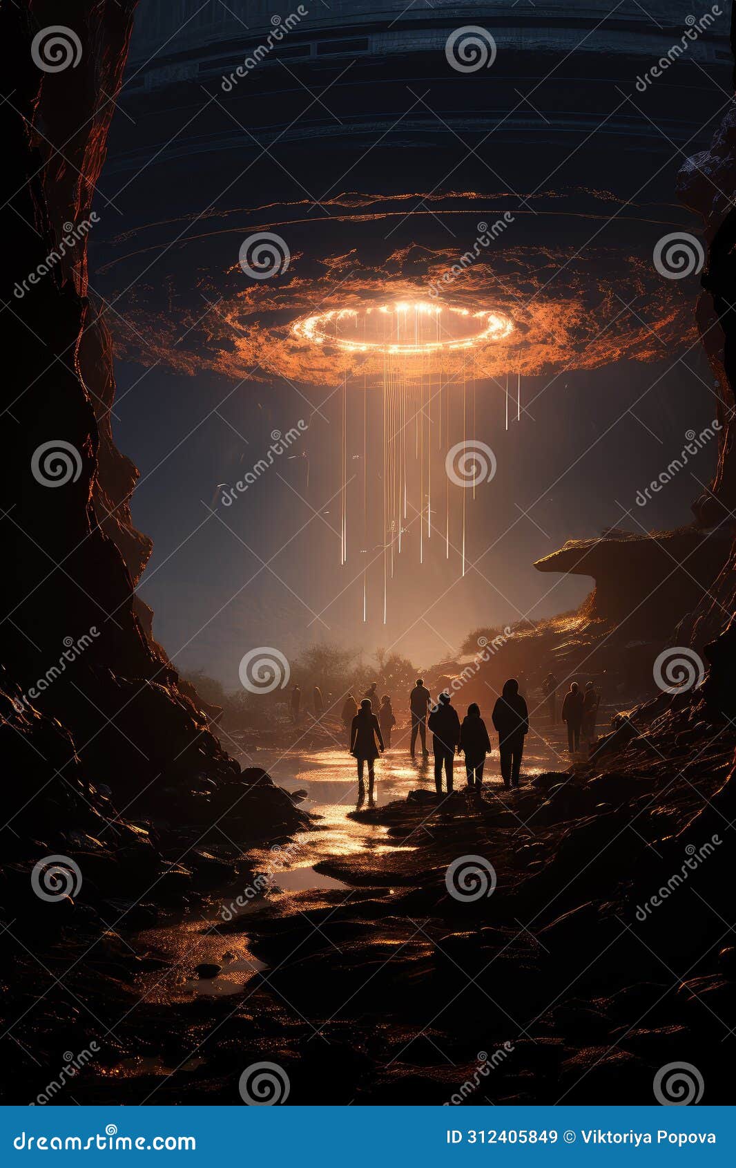 Group of People Standing Mesmerized in Front of a UFO in the Sky Stock ...
