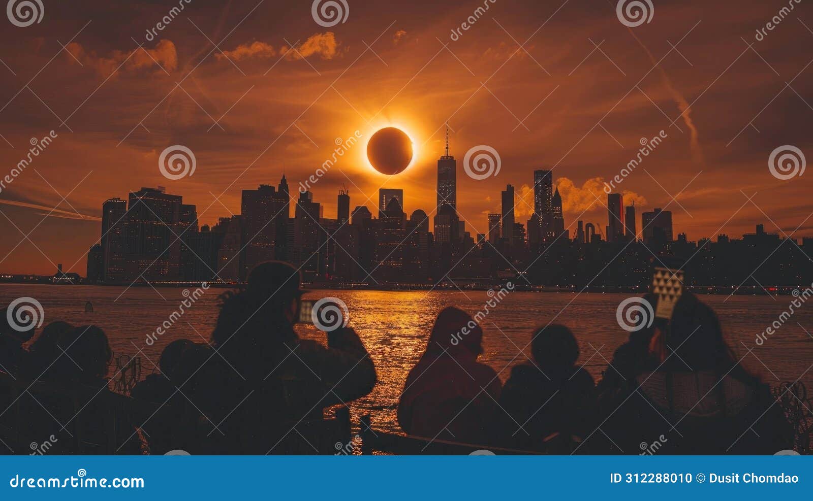 A Group of People are Standing on a Pier Watching the Solar Eclipse ...