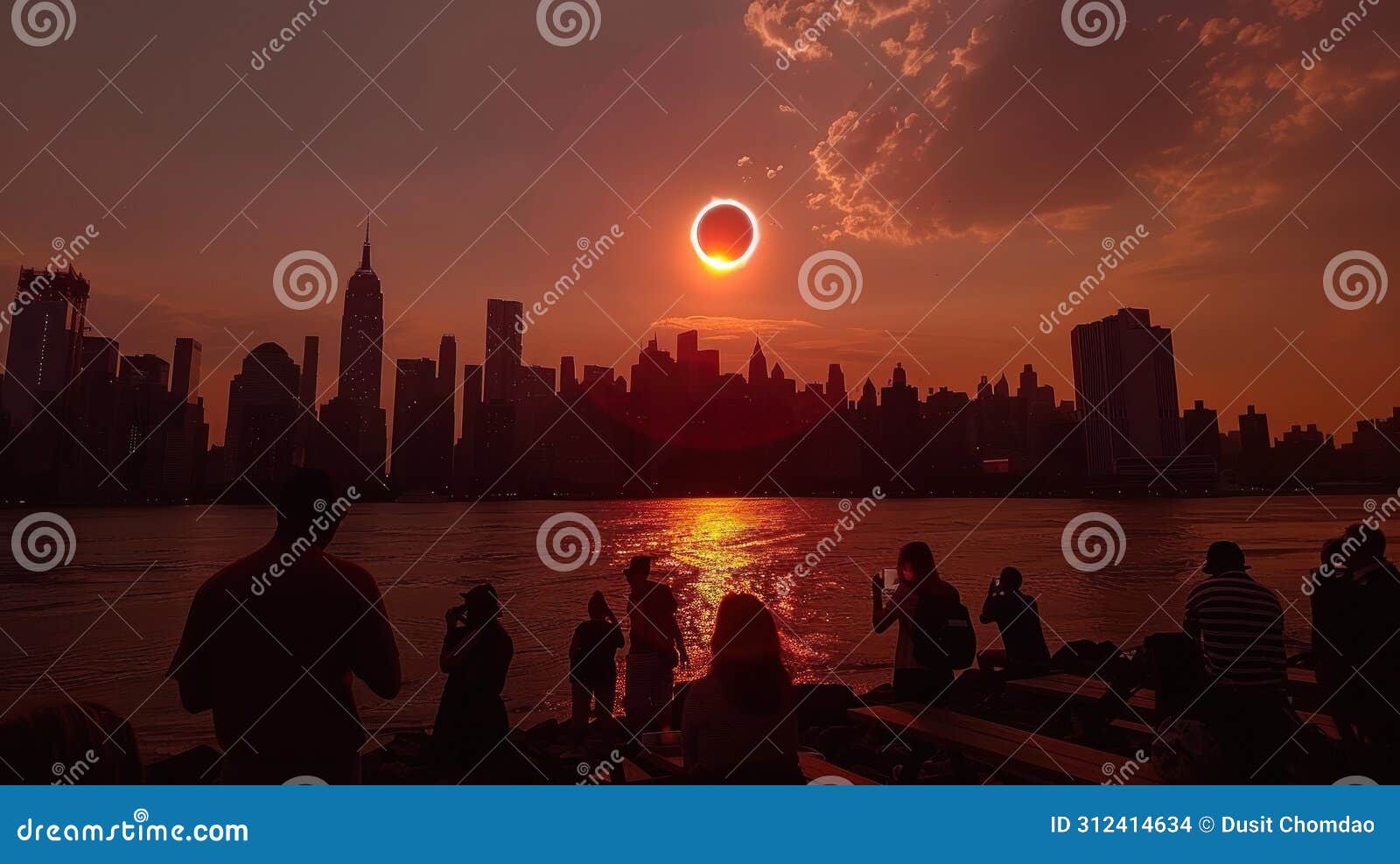 A Group of People are Standing on a Pier Watching the Solar Eclipse ...