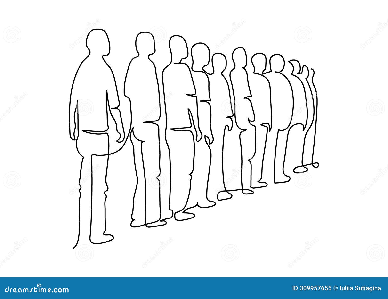 Group of People Standing in Queue, Continuous One Line Drawing. Crowd ...