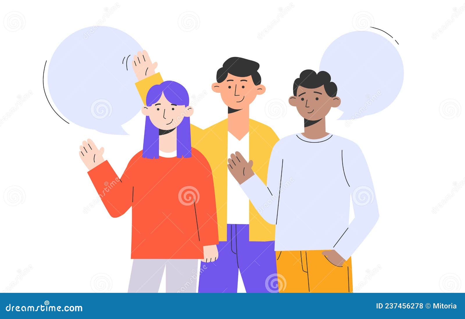 Group of People Standing Together and Waving Hello with Speech Bubbles ...