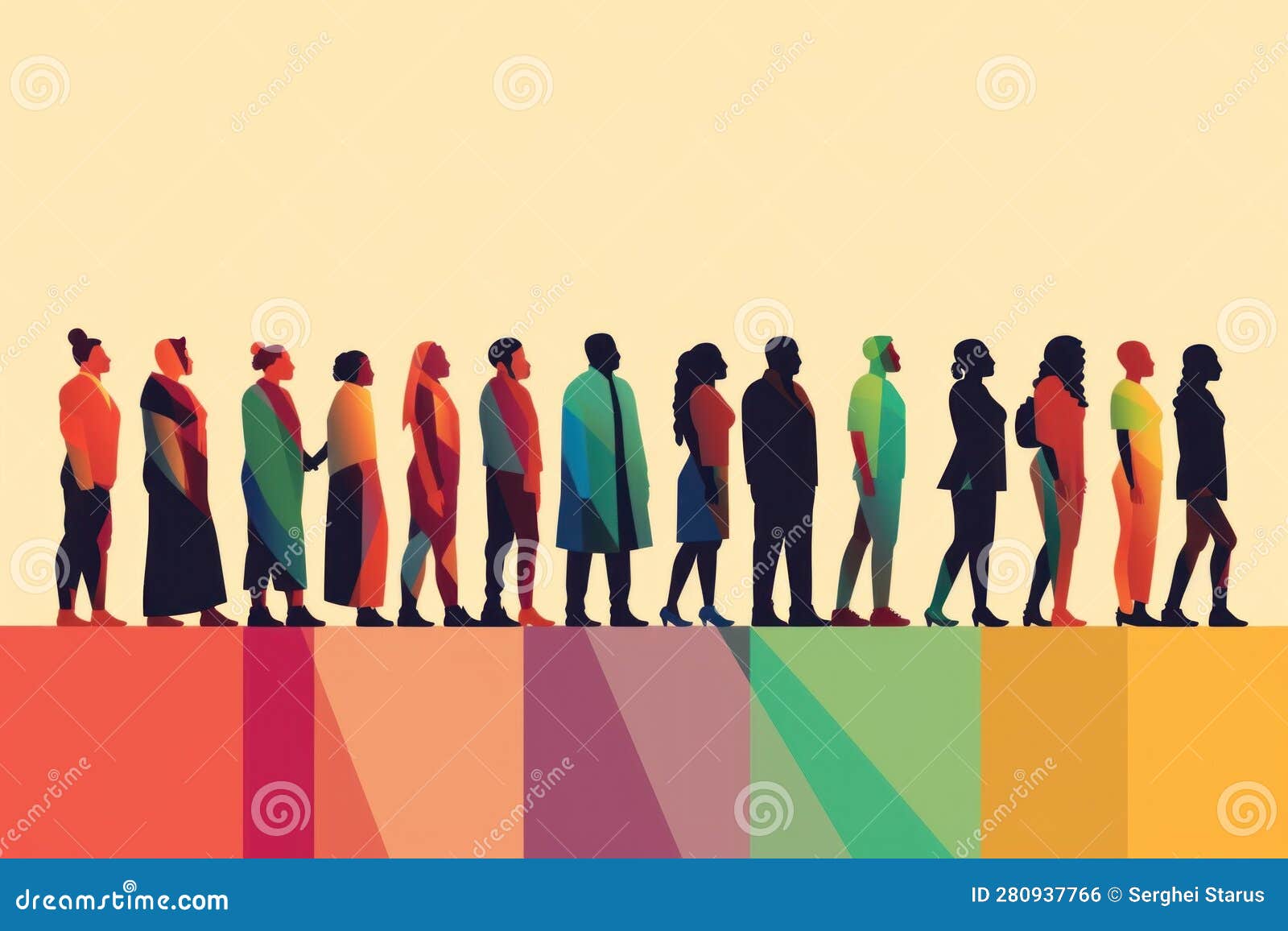 A Group of People Standing on Top of a Rainbow Colored Platform ...