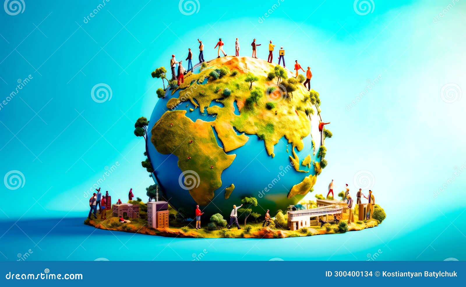 Group of People Standing on Top of Small Globe with Trees and Buildings ...