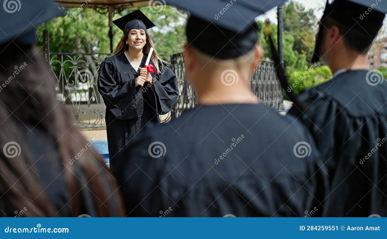 Group of People Students Graduated Telling Speech at University Campus ...