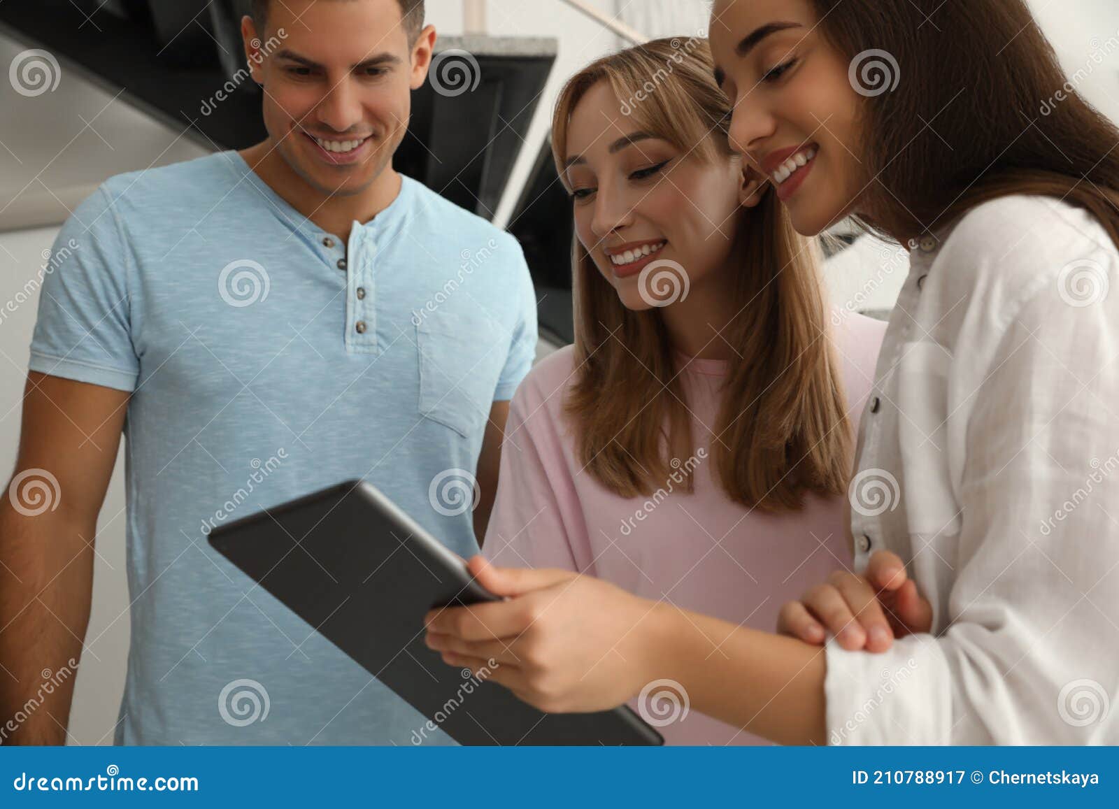 Group of People with Tablet Talking in Hall Stock Image - Image of male ...