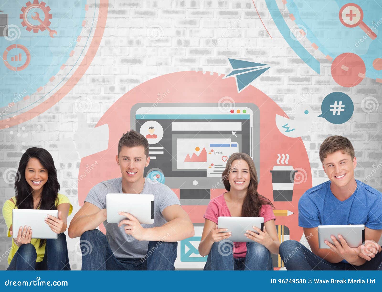 Group of People on Tablets in Front of Internet Graphics Stock Photo ...