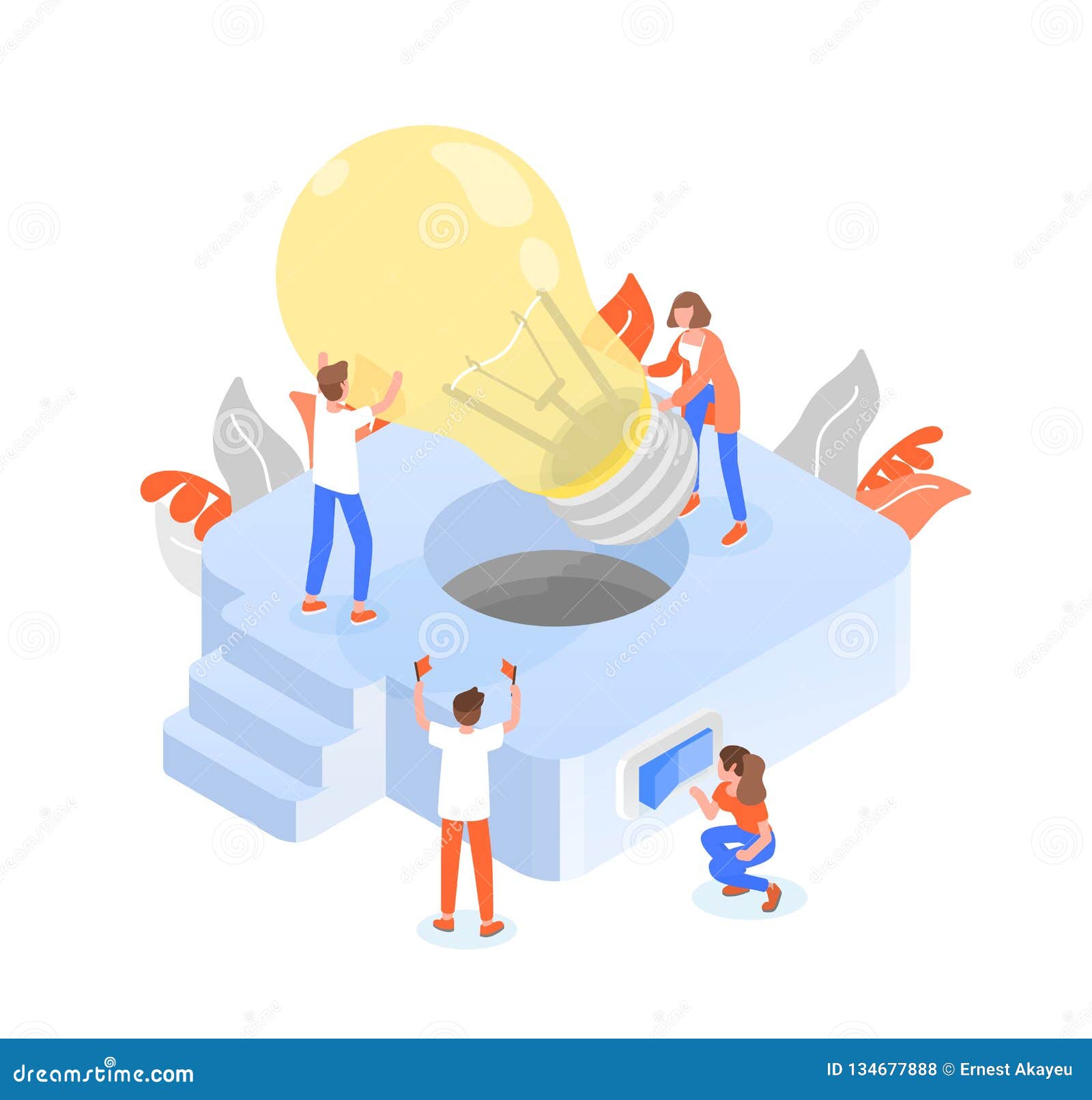 Group of People or Team Members Putting Giant Lightbulb into Light ...