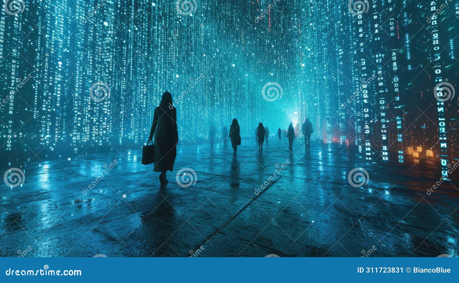 The Group People Try Searching Something in Digital Matrix Binary Code ...