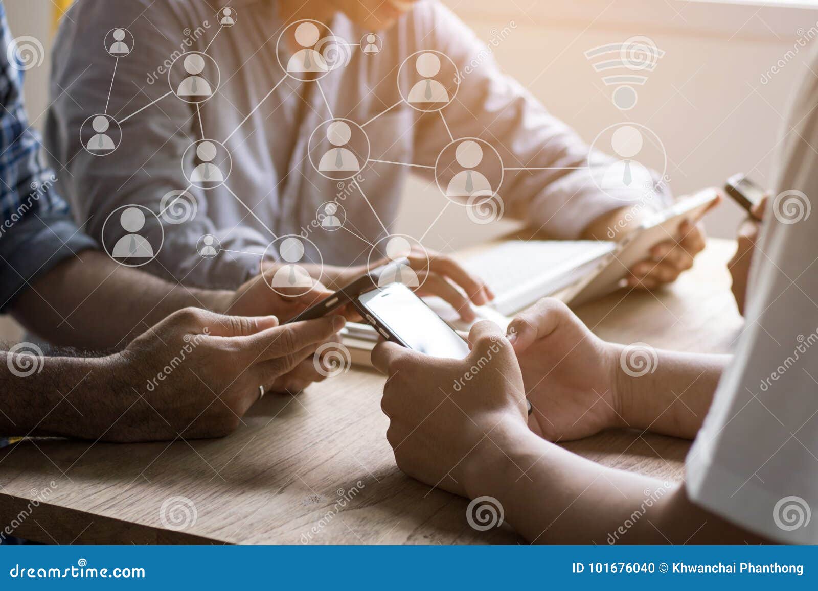 Group of People Use Phone on Wood Table for Connect and Communicate ...