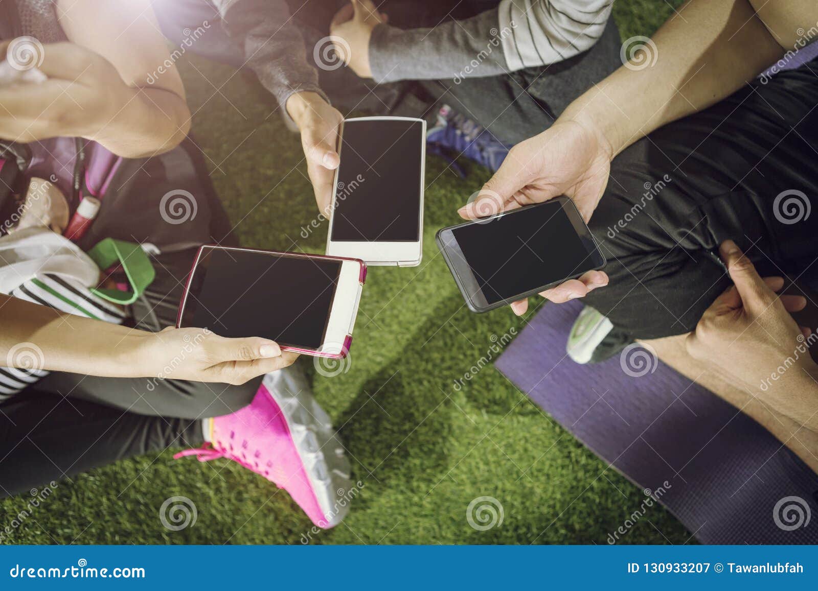 Group of People Using Smartphones Together. Connection Technology ...