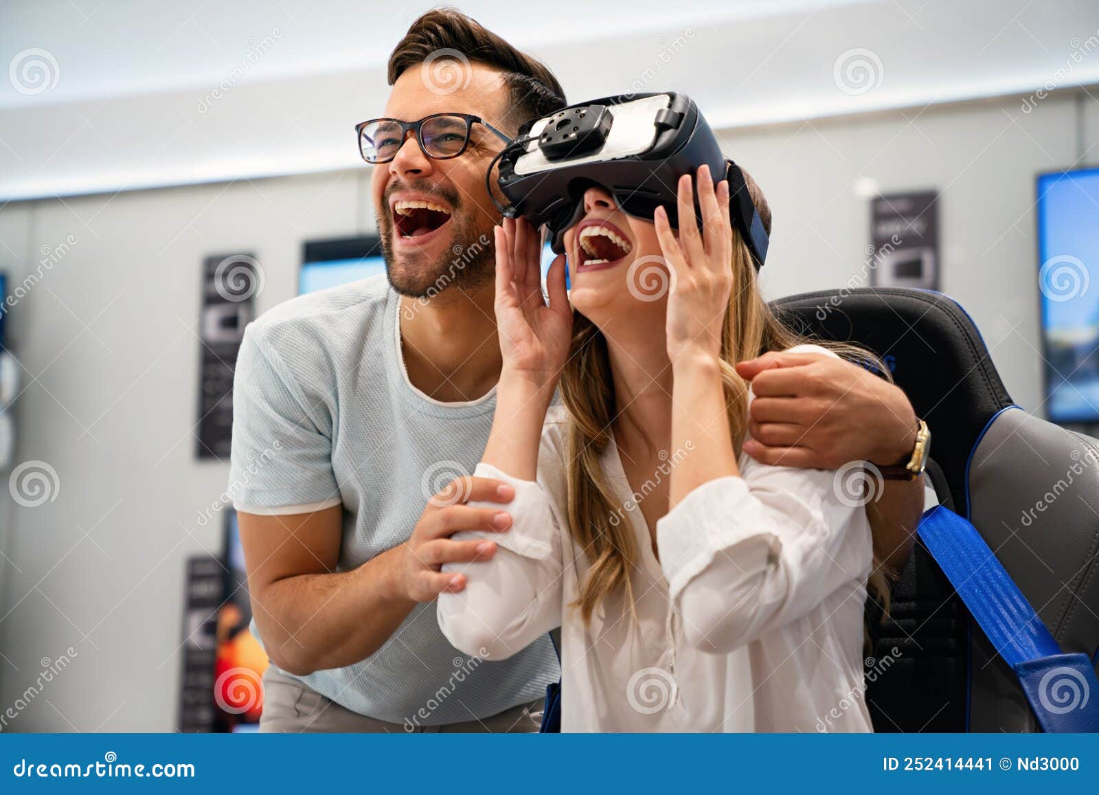Group of People Using Virtual Reality Headset at Exhibition, Show. VR ...