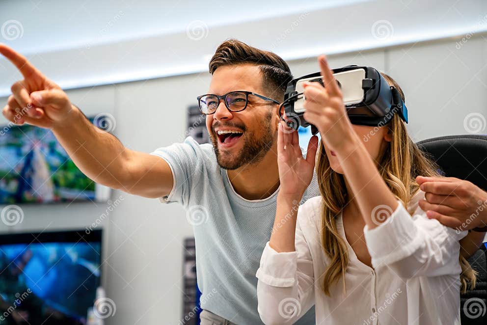 Group of People Using Virtual Reality Headset at Exhibition, Show. VR ...