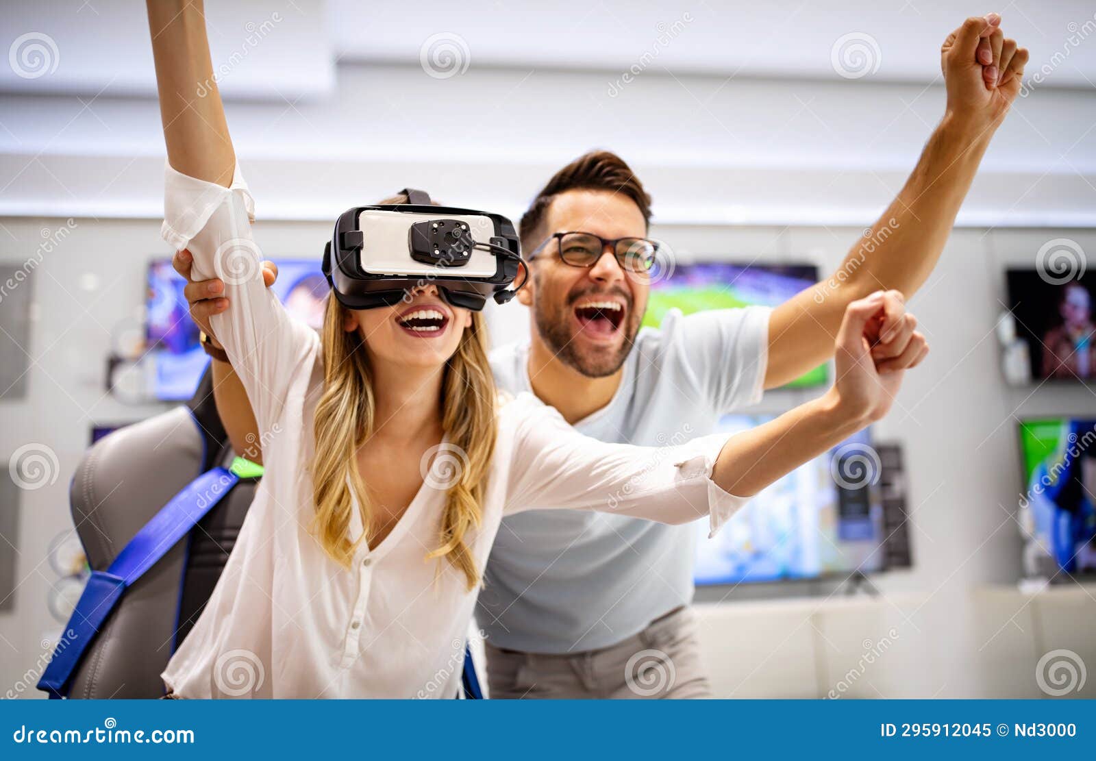 Group of People Using Virtual Reality Headset at Exhibition, Show. VR ...