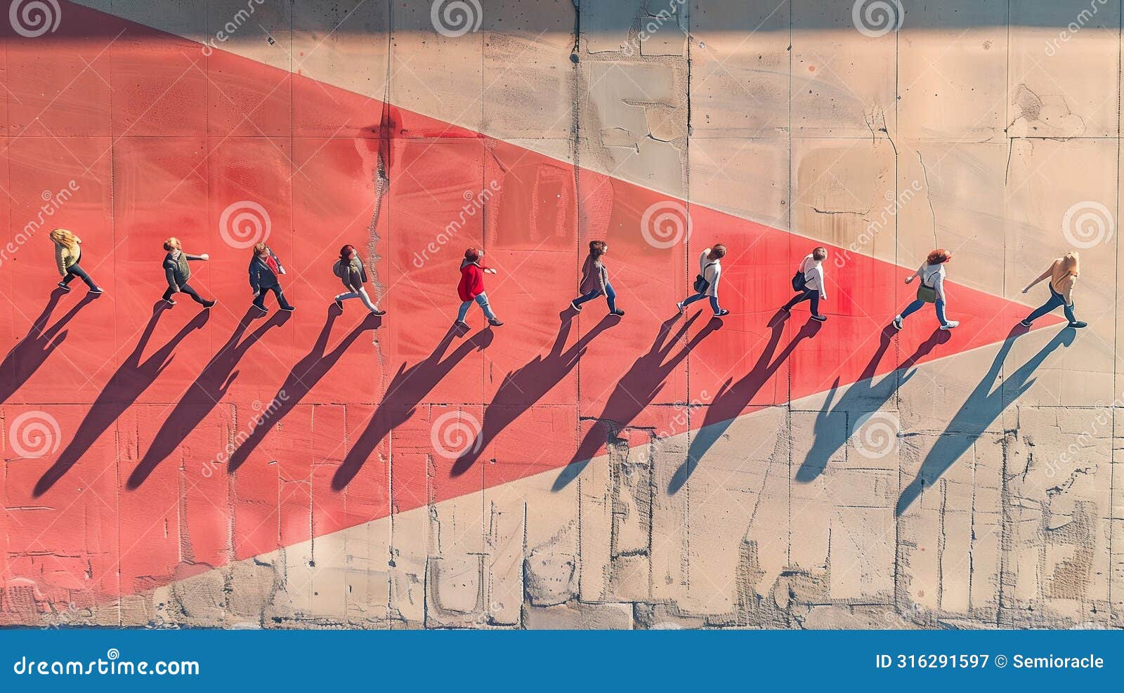 Group of People Walk in Linear Shape,with Shadows Cast on Ground ...