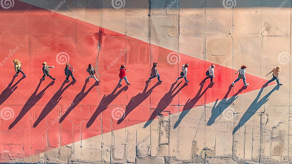 Group of People Walk in Linear Shape,with Shadows Cast on Ground ...