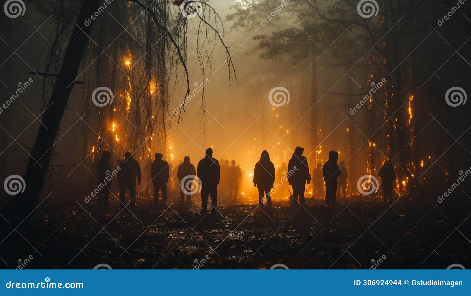 Group of People Walking in the Dark Forest at Dusk Generated by AI ...