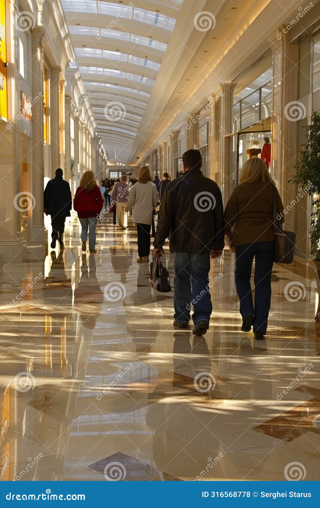 A Group of People Walking Down a Long Walkway in the Mall, AI Stock ...