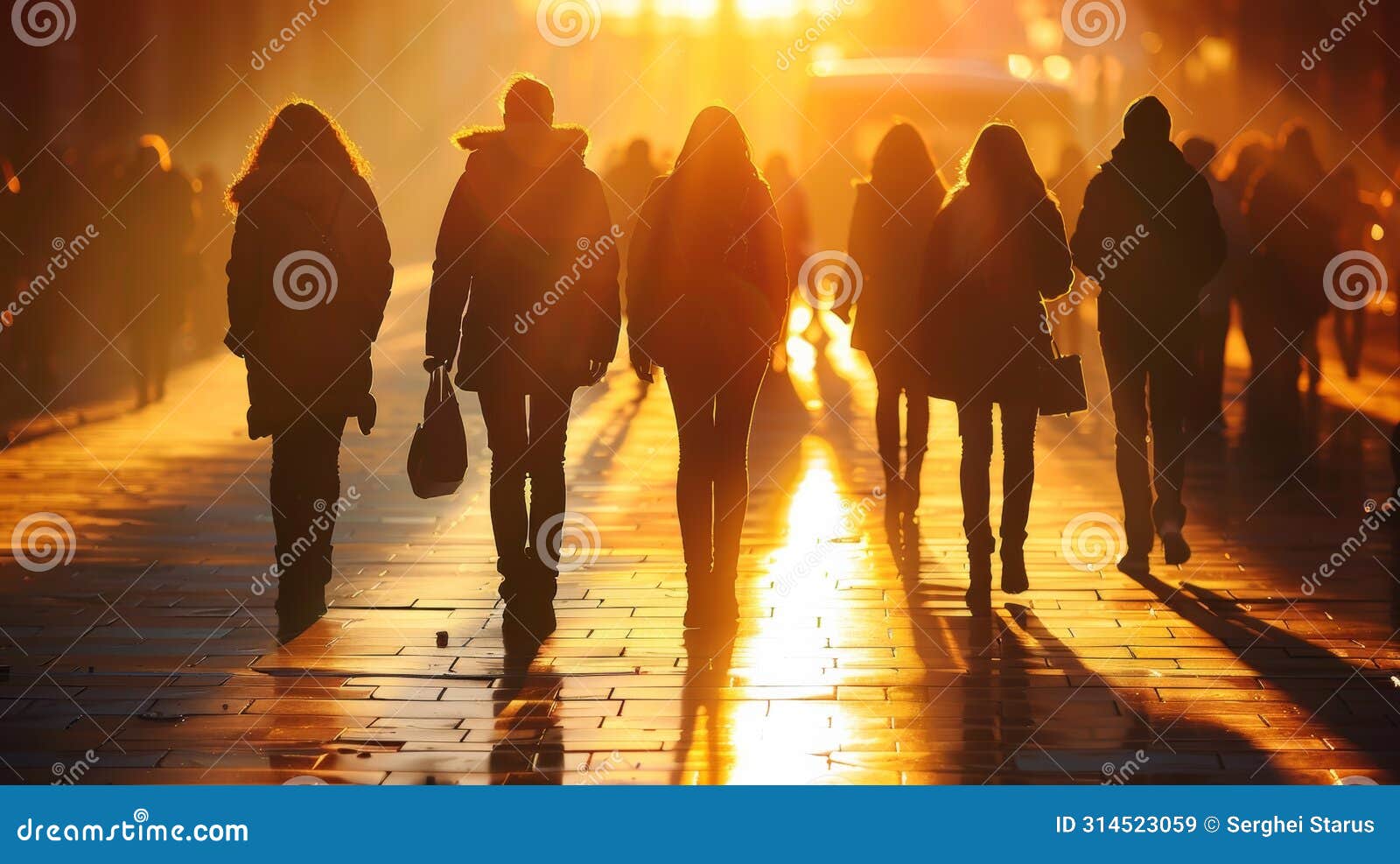 A Group of People Walking Down a Sidewalk in the Sun, AI Stock Image ...