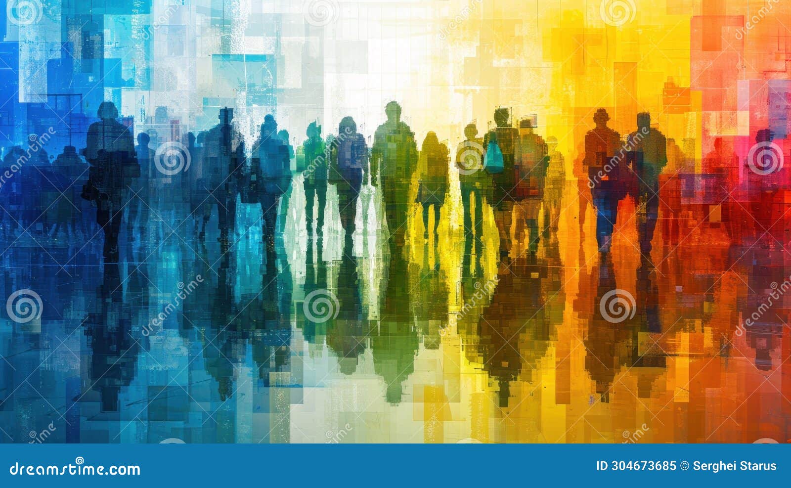 A Group of People Walking Down a Street with Colorful Backgrounds, AI ...