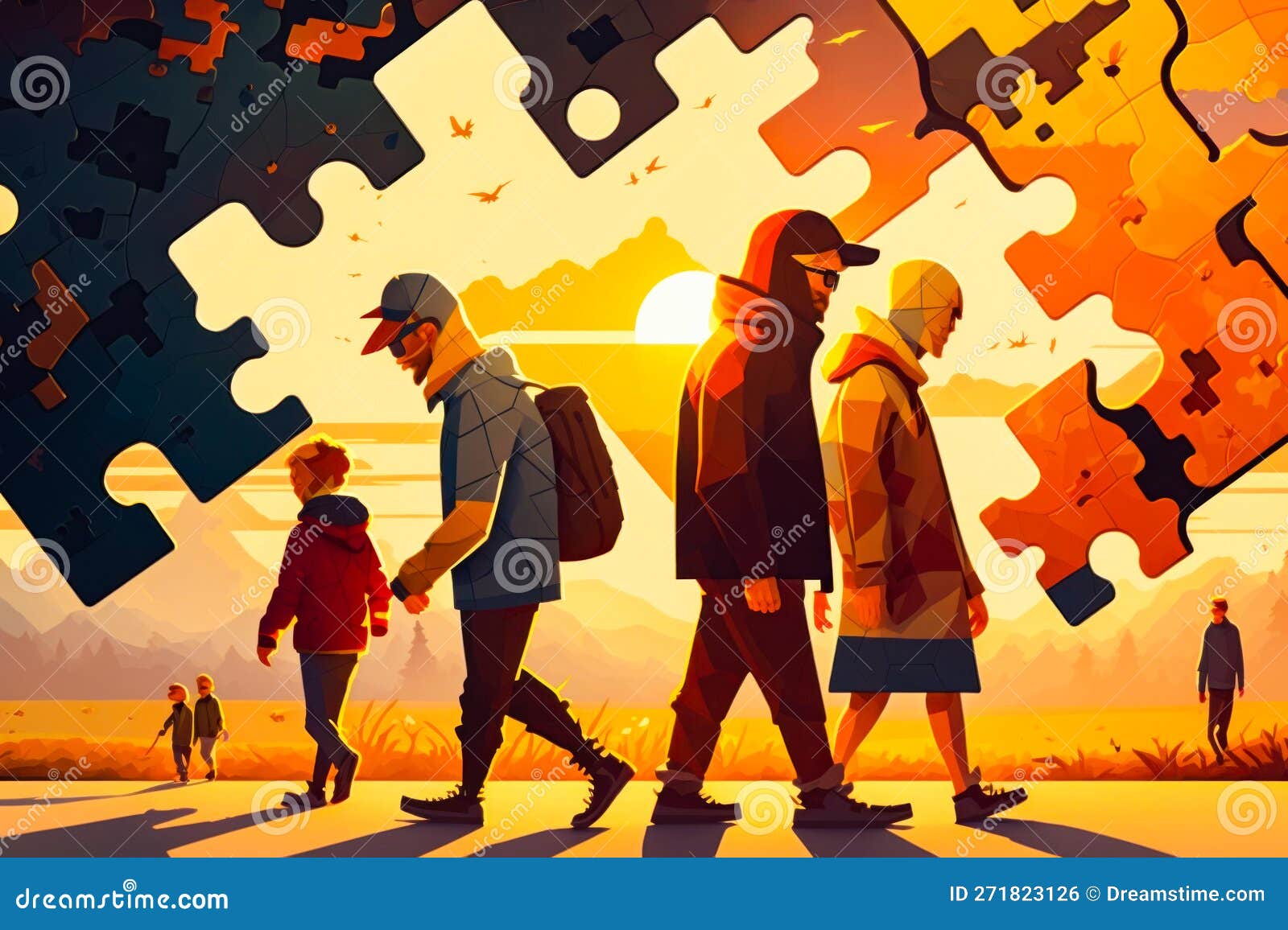 Group of People Walking through Field with Puzzle Pieces. Generative AI ...