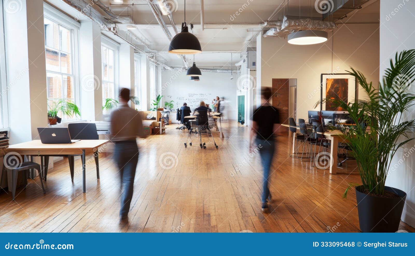 A Group of People Walking through a Large Open Room with Desks, AI ...
