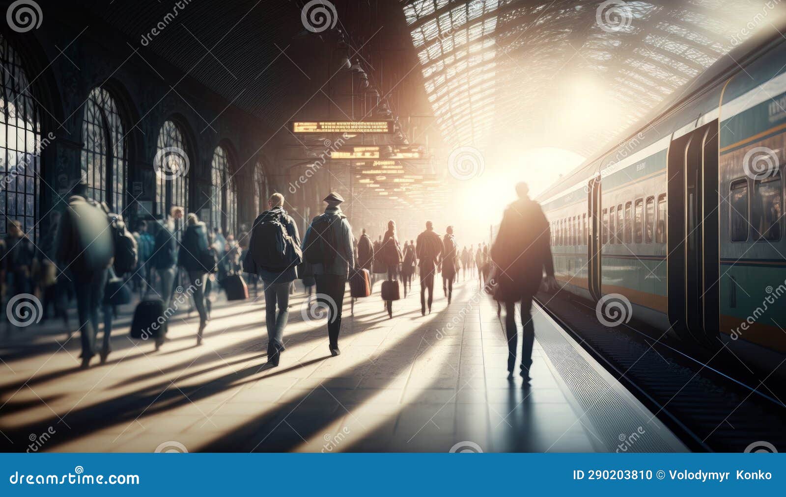 A Group of People Walking Towards a Train at a Train Station with a ...