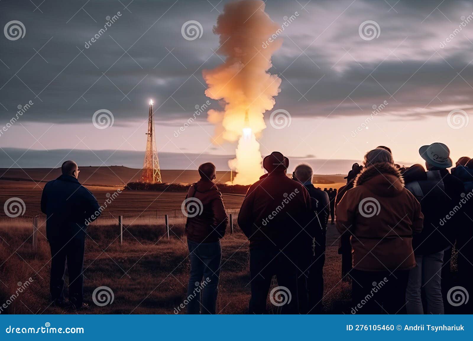 A Group of People Watch a Rocket Launch into Space on the Horizon ...