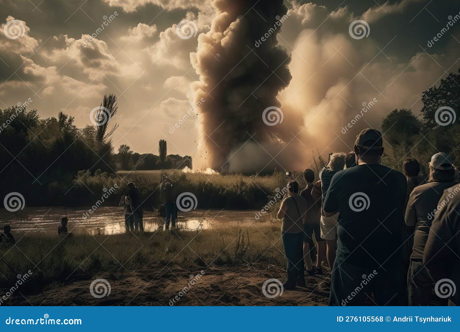 A Group of People Watch a Rocket Launch into Space on the Horizon ...