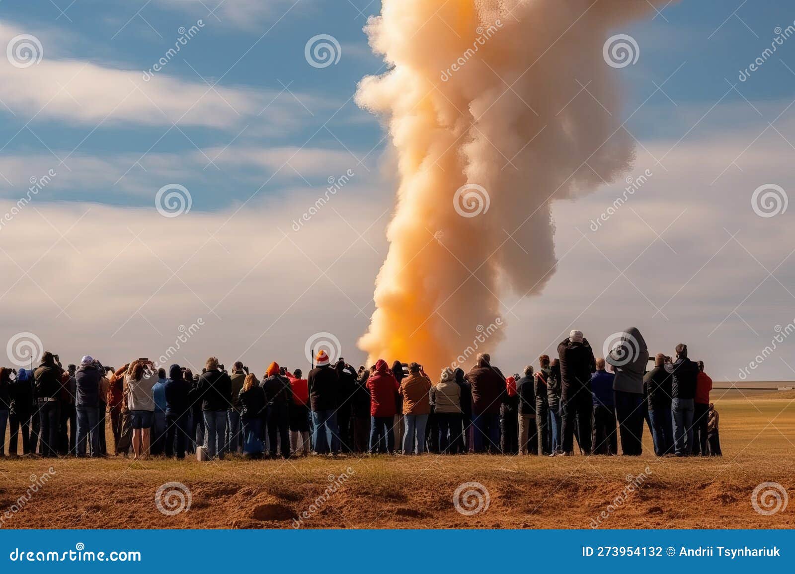 A Group of People Watch a Rocket Launch into Space on the Horizon ...