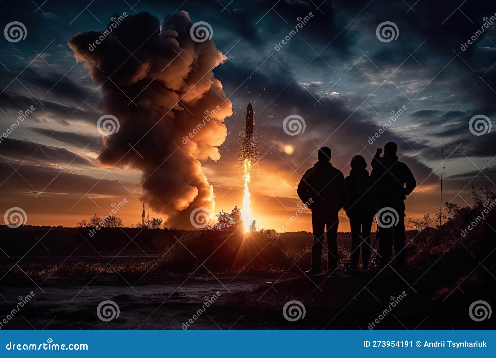 A Group of People Watch a Rocket Launch into Space on the Horizon ...