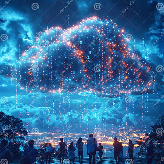 Group Observing Futuristic Binary Cloud Stock Illustration ...