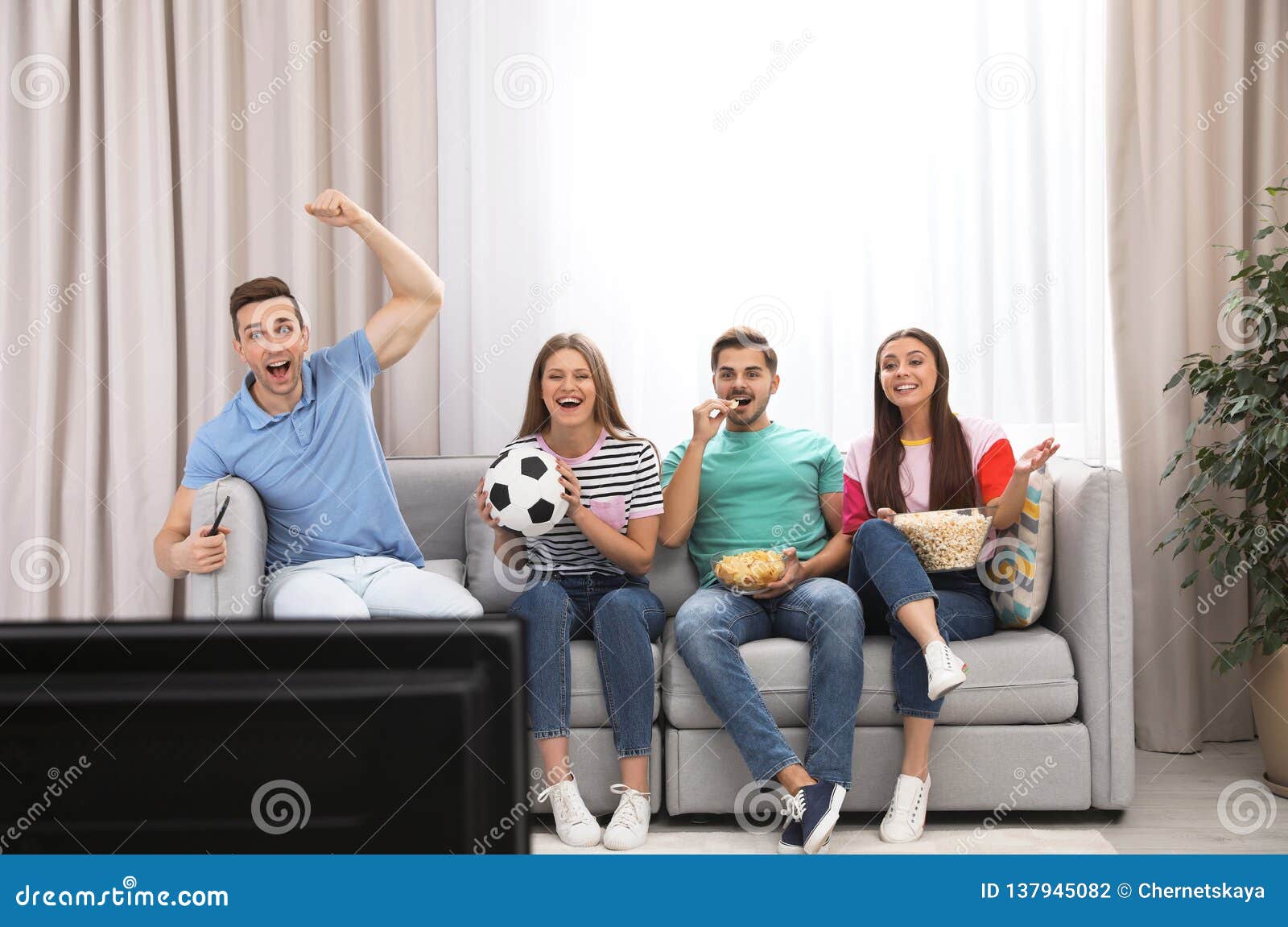 Group of People Watching Soccer Match on TV Stock Photo - Image of ...