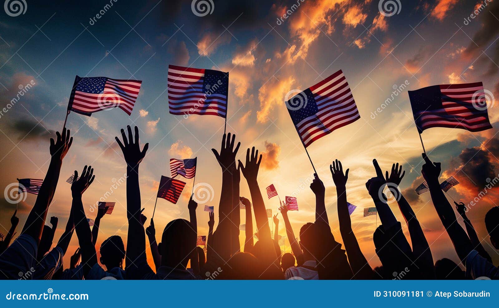 Group of People Waving American Flags at Sunset Generative Ai Stock ...